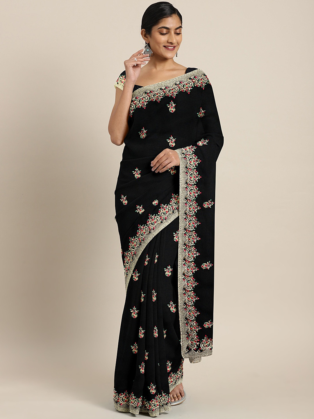Buy Soch Black Embroidered Poly Georgette Saree - Sarees for Women ...