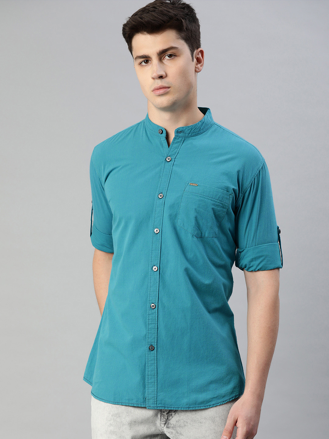 Buy Urbano Fashion Men Turquoise Blue Slim Fit Solid Casual Shirt ...