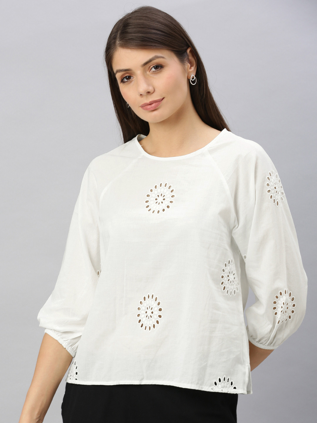 Buy Cottonworld Women White Hakoba Self Design Top - Tops for Women ...