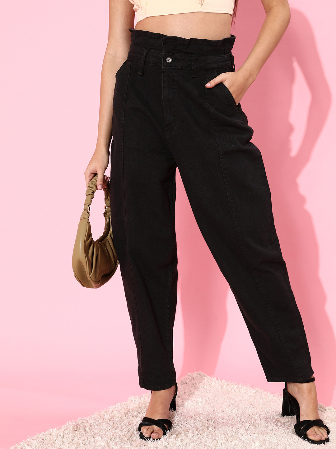 Buy Roadster Women Stylish Black High Rise Relaxed Fit Stretchable ...