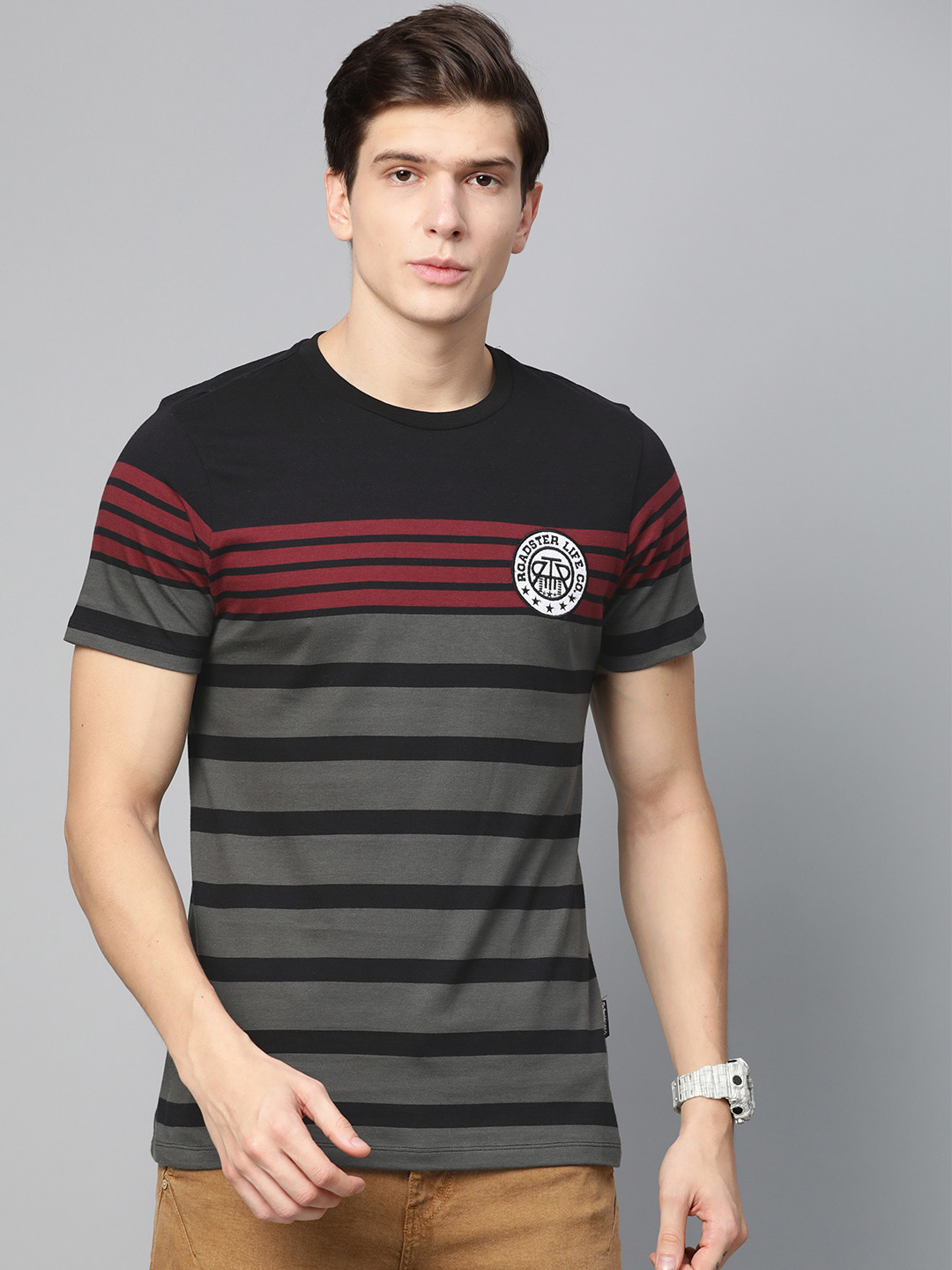 Buy Roadster Men Charcoal Grey & Black Striped Round Neck T Shirt - Tshirts for Men 11544806 ...