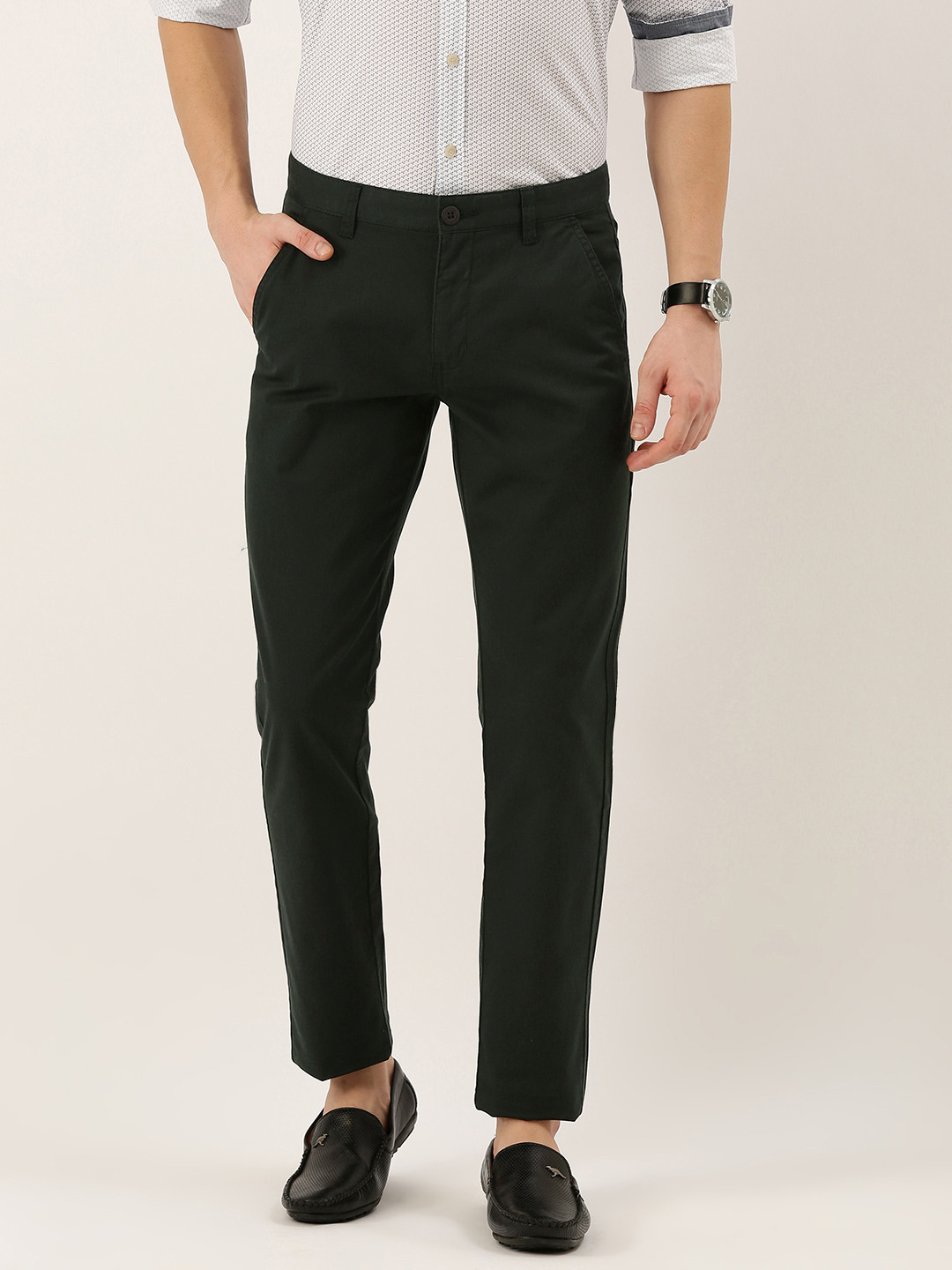 Buy Flying Machine Men Green Regular Fit Solid Regular Trousers ...