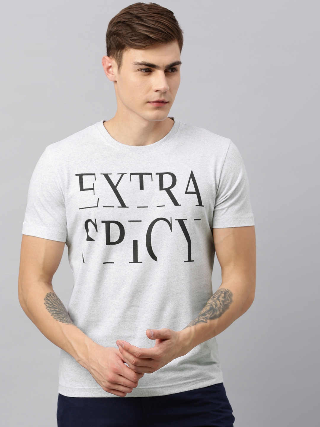 Buy Huetrap Men Grey Melange Printed Round Neck T Shirt Tshirts For