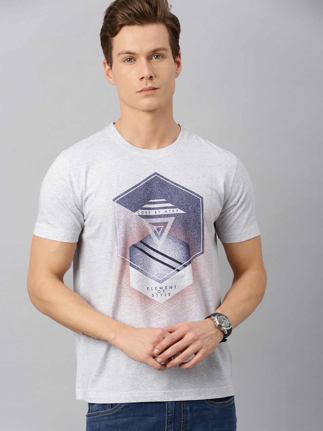 Buy Huetrap Men Grey Melange Printed Round Neck Sustainable T Shirt