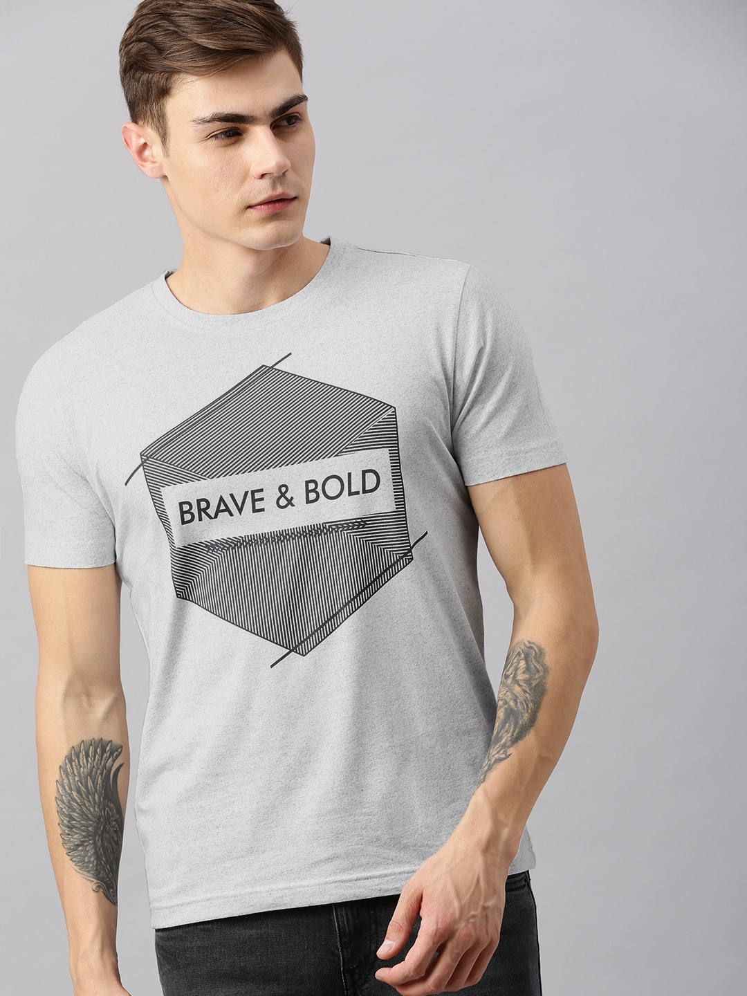 Buy Huetrap Men Grey Melange Printed Round Neck Sustainable T Shirt