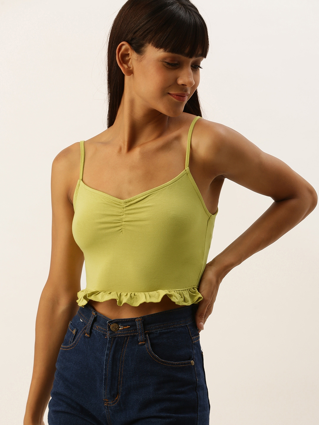 Buy Forever 21 Women Lime Green Solid Fitted Cropped Top With Ruffles