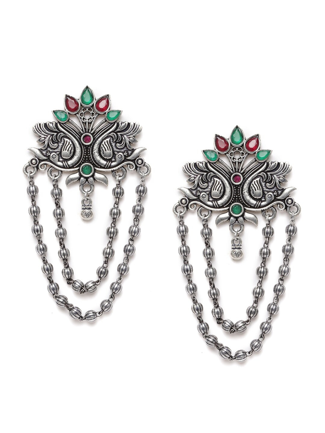 Buy Alamod Silver Toned Peacock Shaped Oxidised Drop Earrings ...
