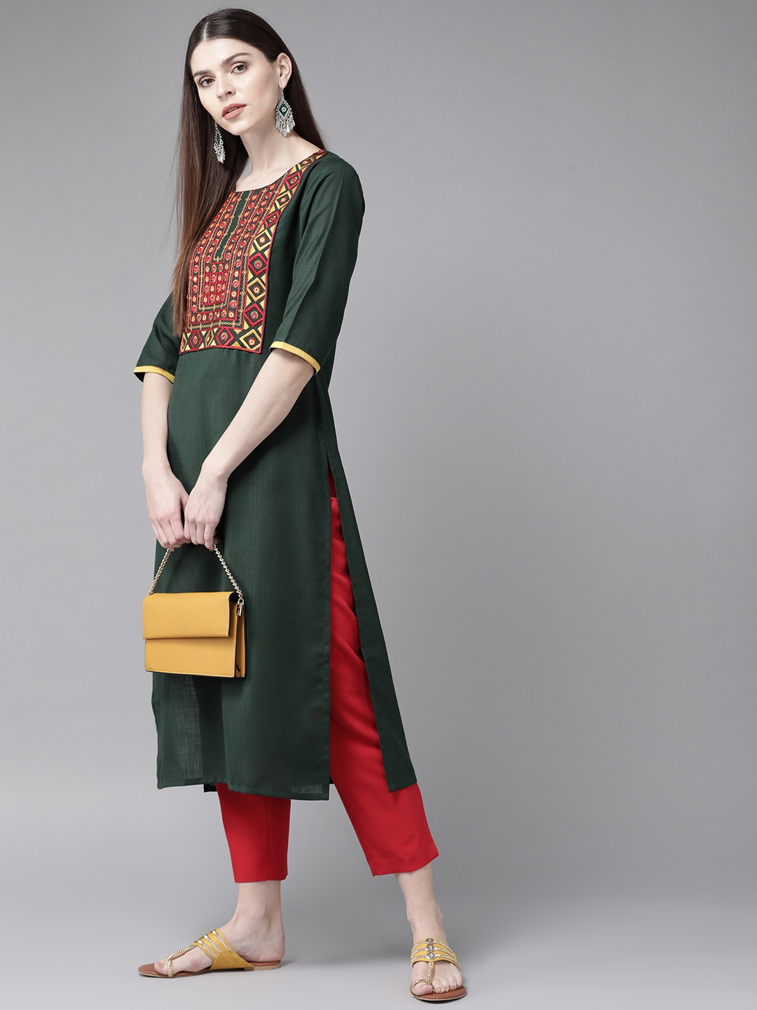 Buy Libas Women Green And Red Yoke Design Straight Kurta Kurtas For