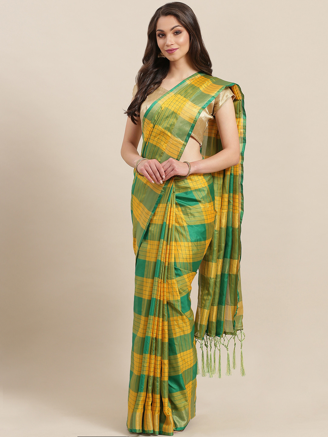 Buy 7Rainbow Mustard Yellow & Green Checked Saree - Sarees for Women ...