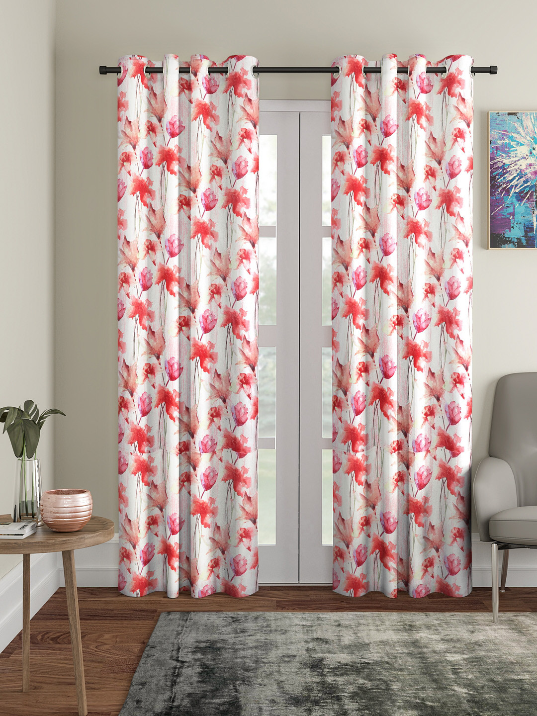 Buy Home Sizzler Red & White Set Of 2 Long Door Curtains - Curtains And ...