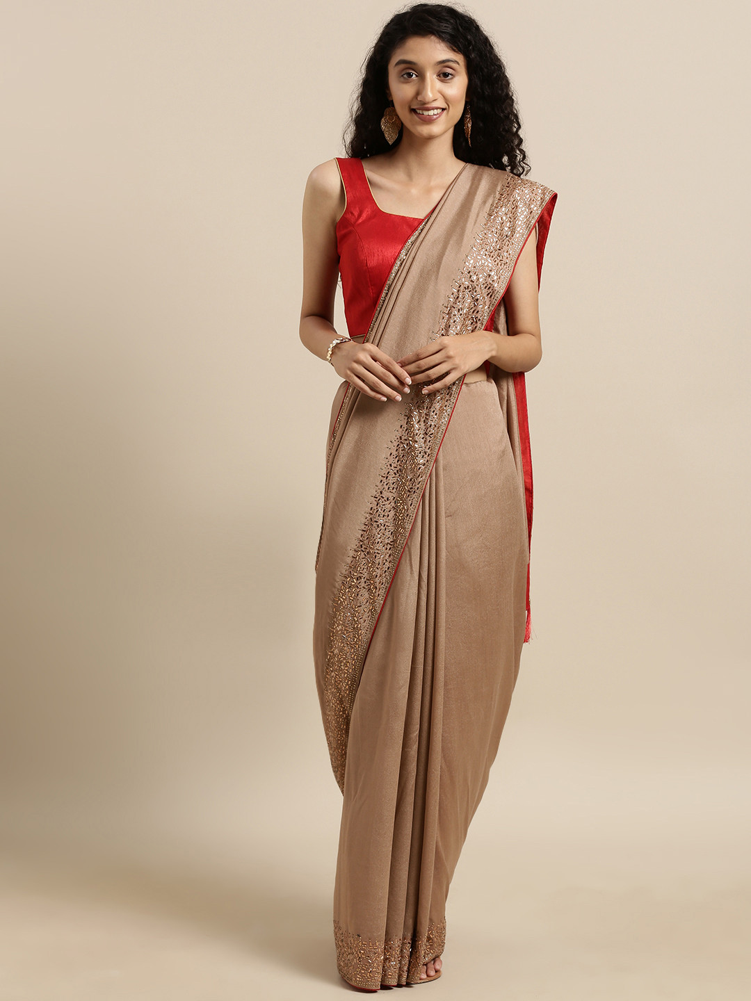 Buy VASTRANAND Beige Poly Silk Solid Saree With Embellished Border ...