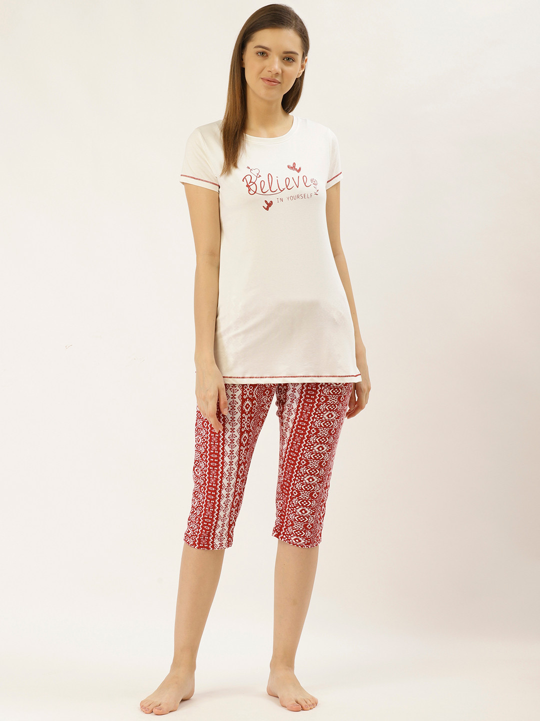 Buy Sweet Dreams Women Off White & Red Printed Night Suit - Night Suits ...