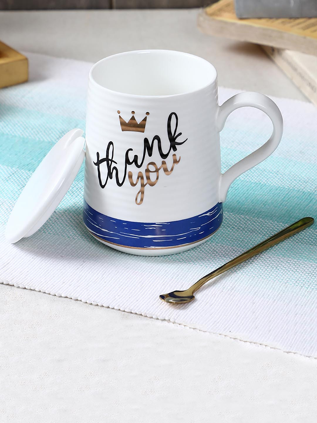 Buy TIED RIBBONS White & Blue Printed Ceramic Coffee Mug With Lid ...