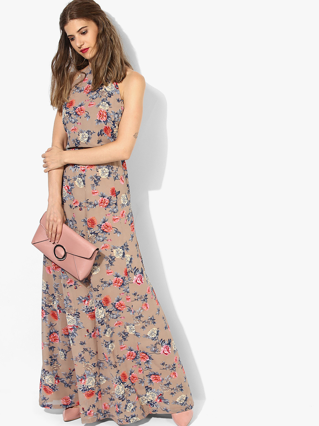 Buy MIAMINX Women Brown & Peach Coloured Floral Print Maxi Dress ...