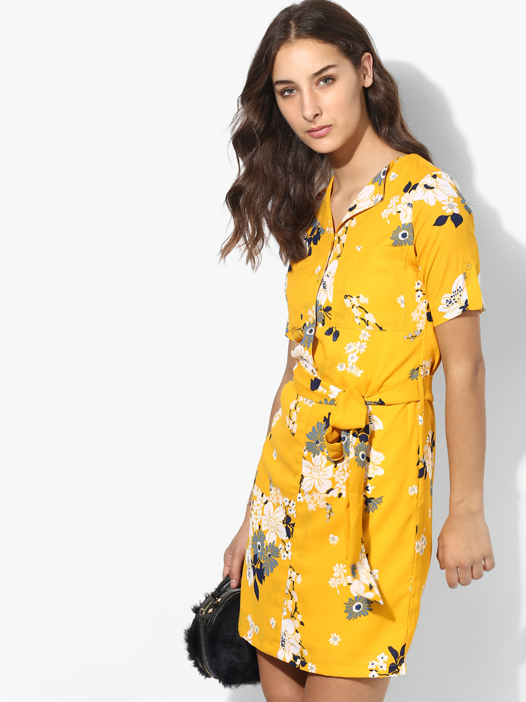 Buy MIAMINX Women Yellow & White Floral Print Shirt Dress - Dresses for ...