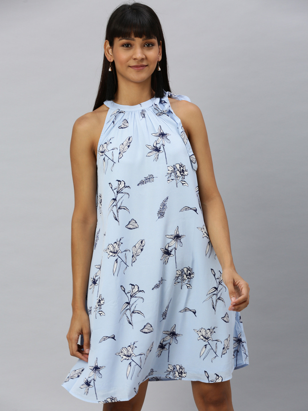 Buy Vero Moda Women Blue Floral Printed A Line Dress - Dresses for ...