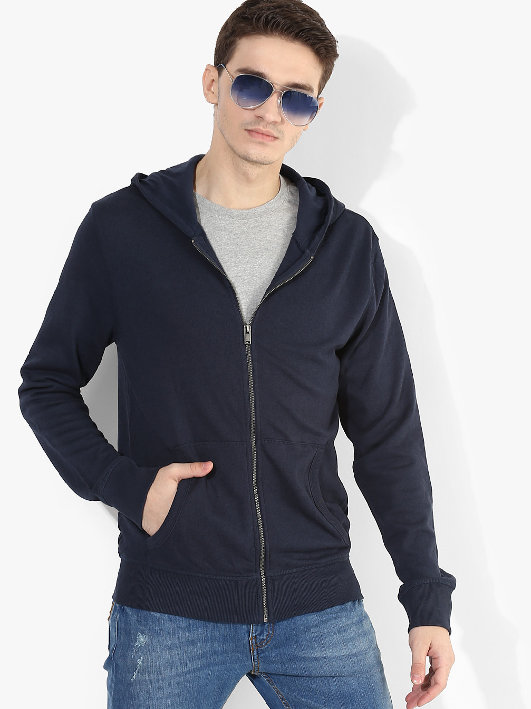 Buy SELECTED Men Navy Blue Solid Hooded Front Open Sweatshirt ...