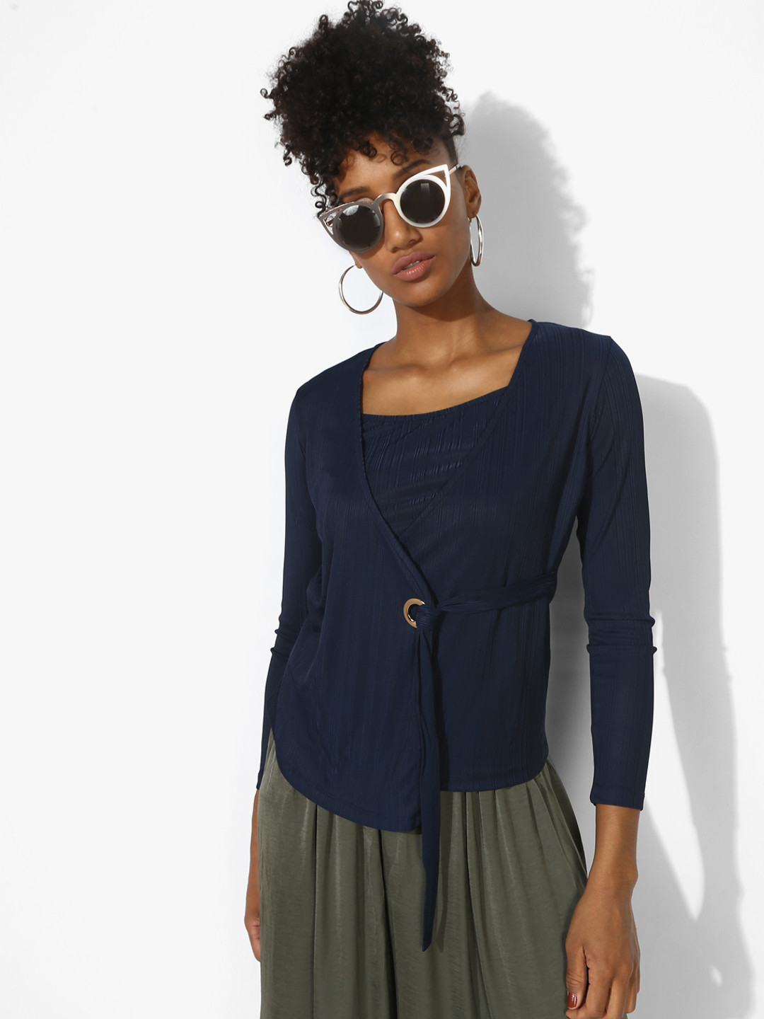 Buy Madame Women Navy Blue Self Design Top With Tie Up - Tops for Women ...