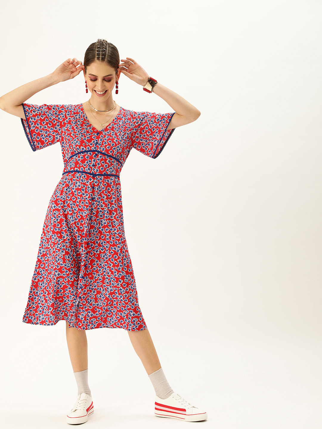 Buy Antheaa Women Red & Blue Dobby Printed Skater Fit And Flare Dress ...