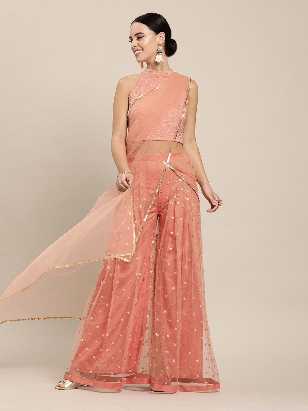 Buy Inddus Peach Coloured Embroidered Net Palazzo Saree - Sarees for ...