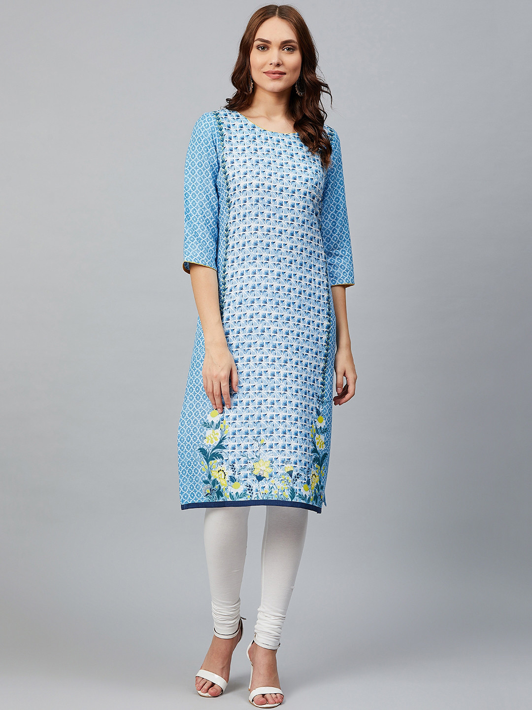 Buy AURELIA Women Blue & White Printed Straight Kurta - Kurtas for ...