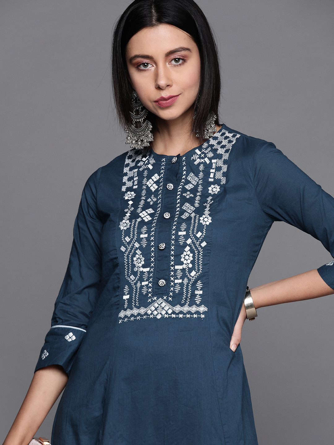 Buy Biba Women Navy Blue & White Geometric Yoke Design Dyed Cotton ...