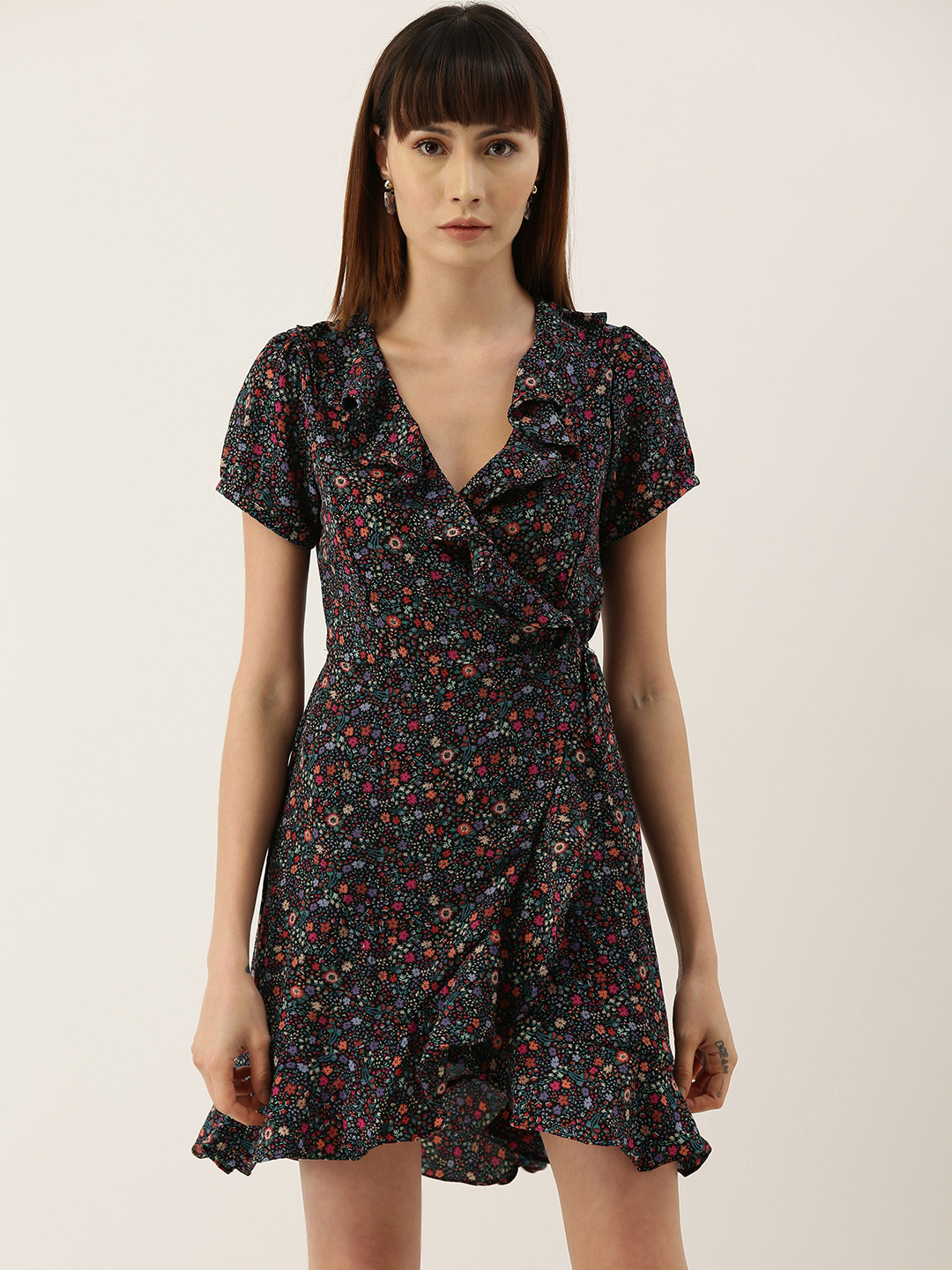 Buy FOREVER 21 Black & Orange Floral Mini Wrap Dress - Dresses for ...