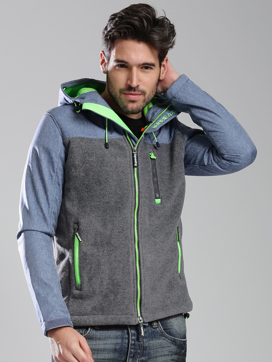 Buy Superdry Grey & Blue Hooded Windcheater Jacket - Jackets for Men ...