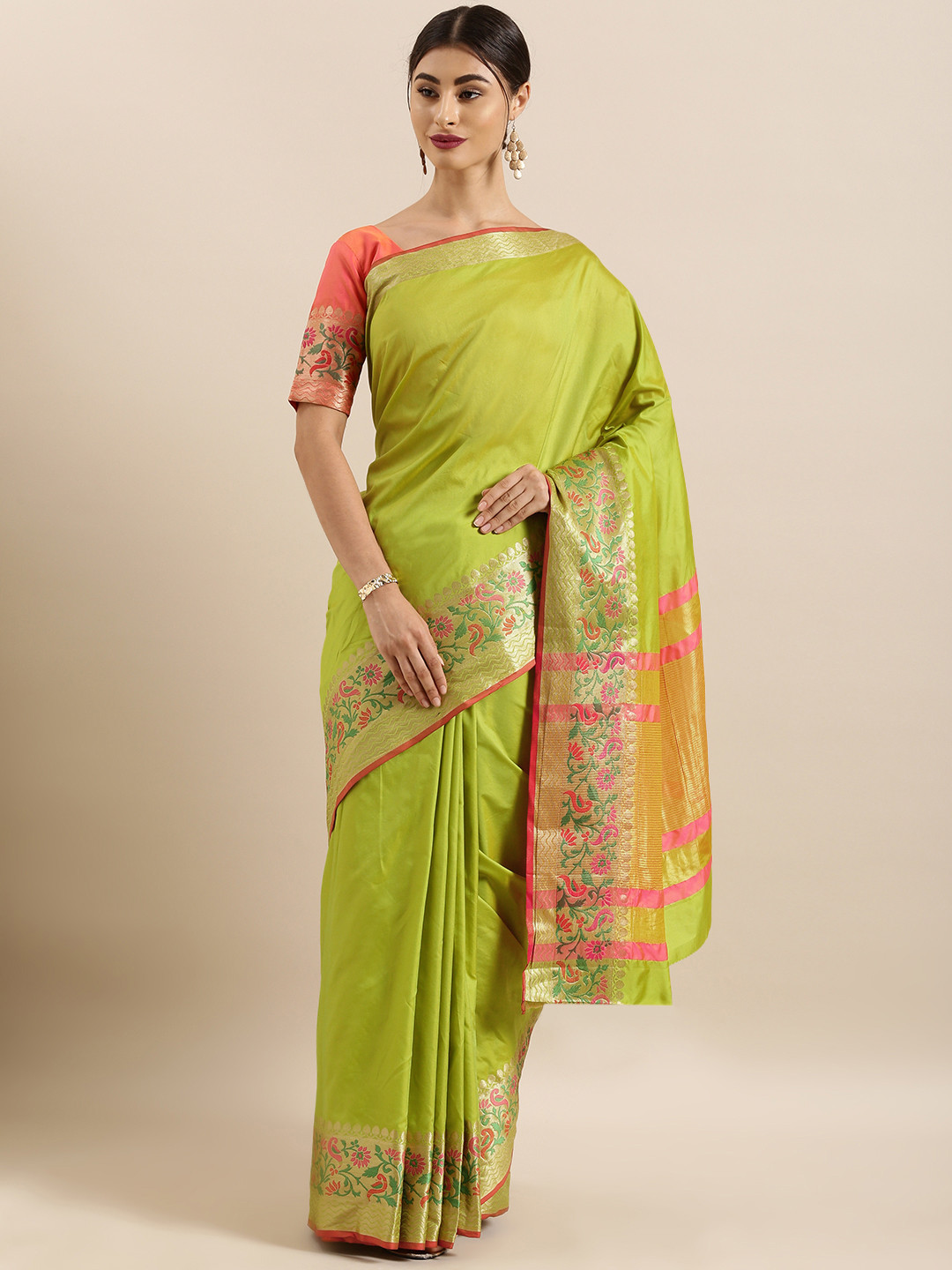 Buy Kvsfab Lime Green Solid Silk Blend Saree - Sarees for Women ...