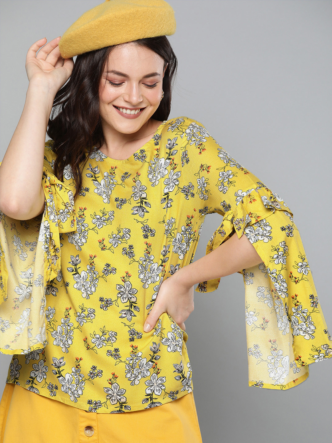 Buy HERE&NOW Women Yellow Printed Slit Sleeves Top - Tops for Women ...