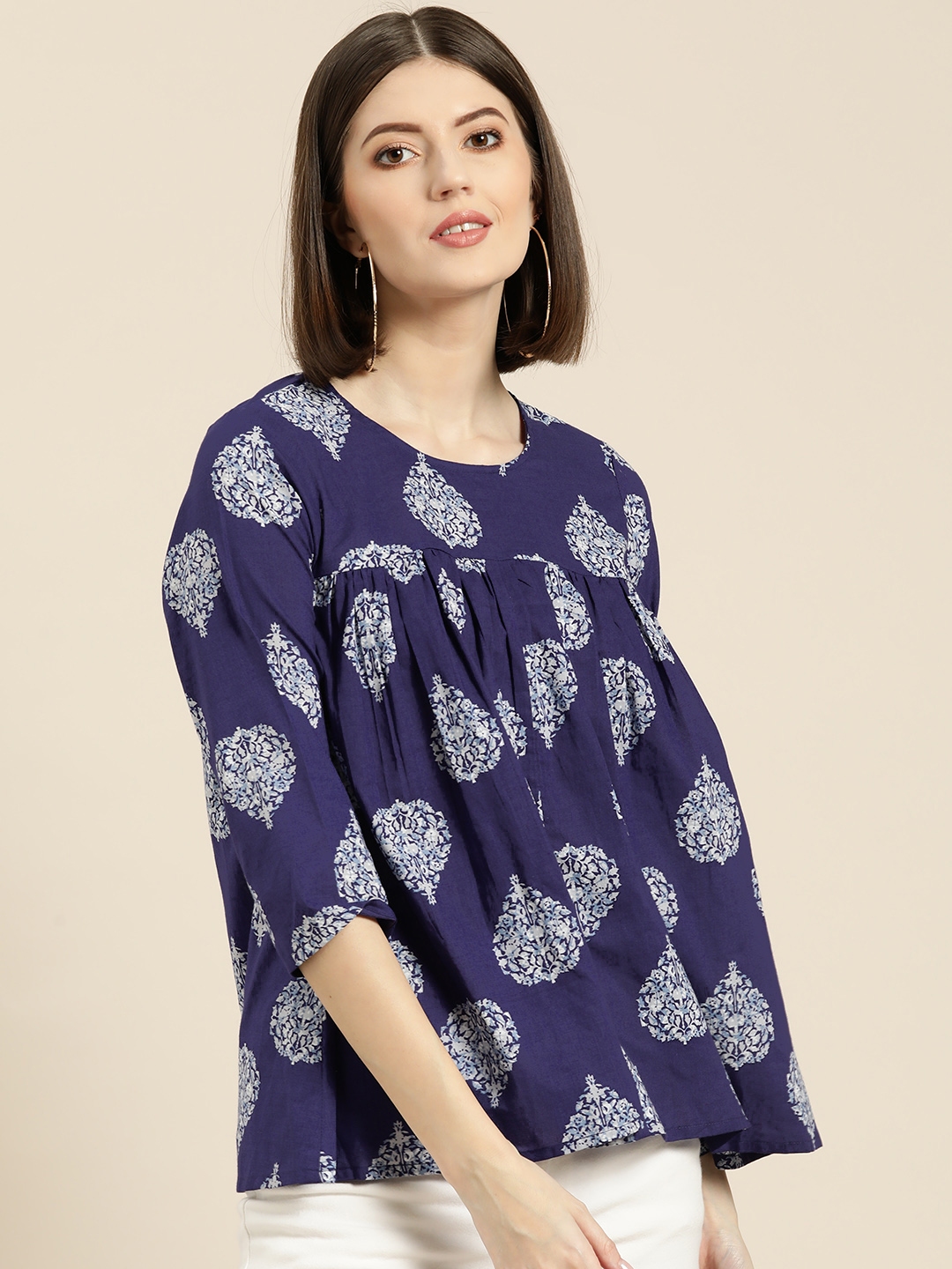 Buy Shae By Sassafras Women Blue And White Printed A Line Pure Cotton Top