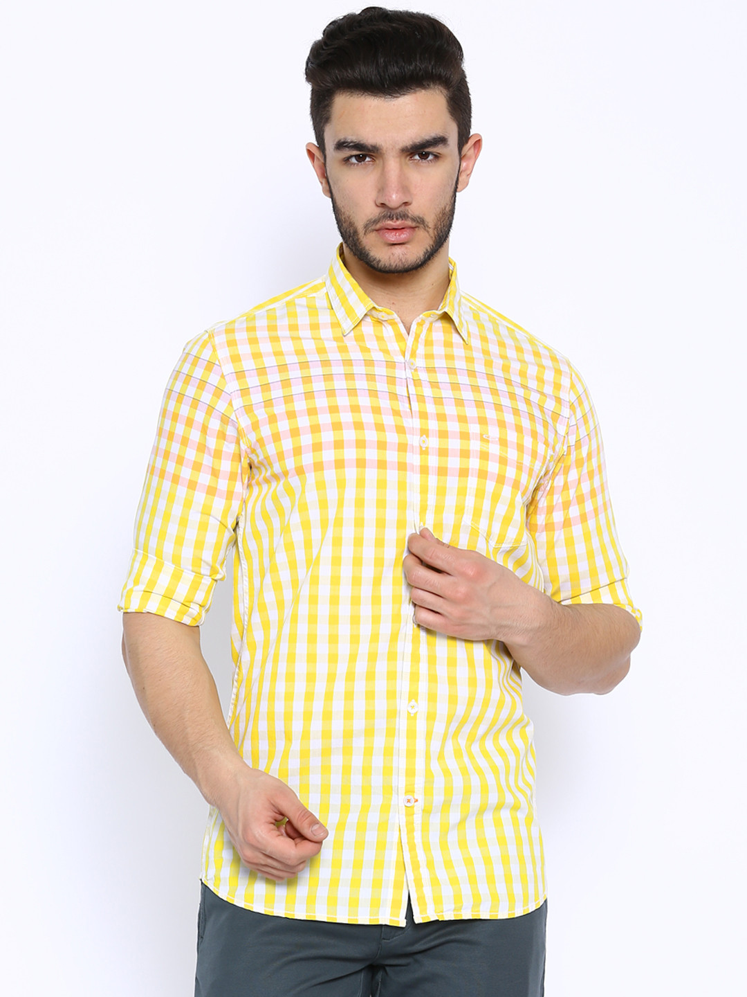 Buy ColorPlus Yellow & White Checked Contemporary Fit Casual Shirt ...