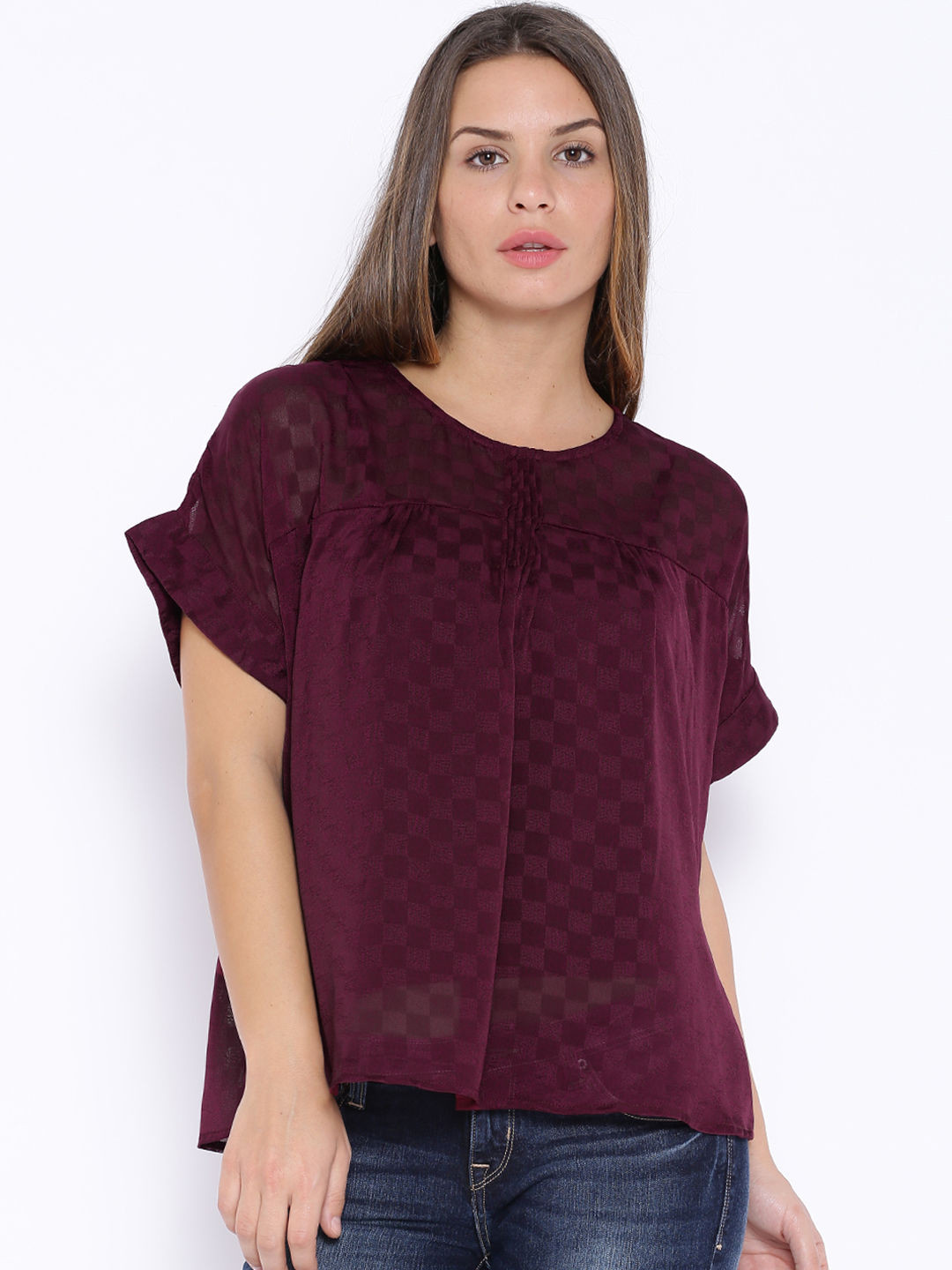 Buy Tokyo Talkies Burgundy Sheer Boxy Polyester Top - Tops for Women ...