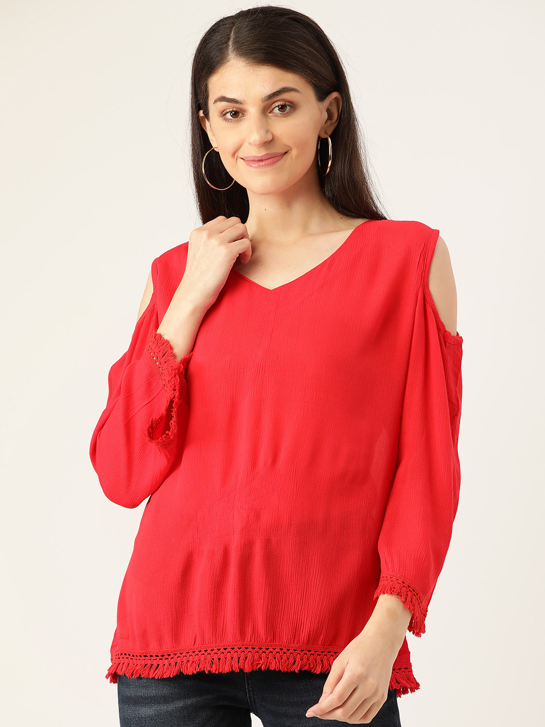 Buy An Episode Women Red Cold Shoulder Solid Top - Tops for Women ...