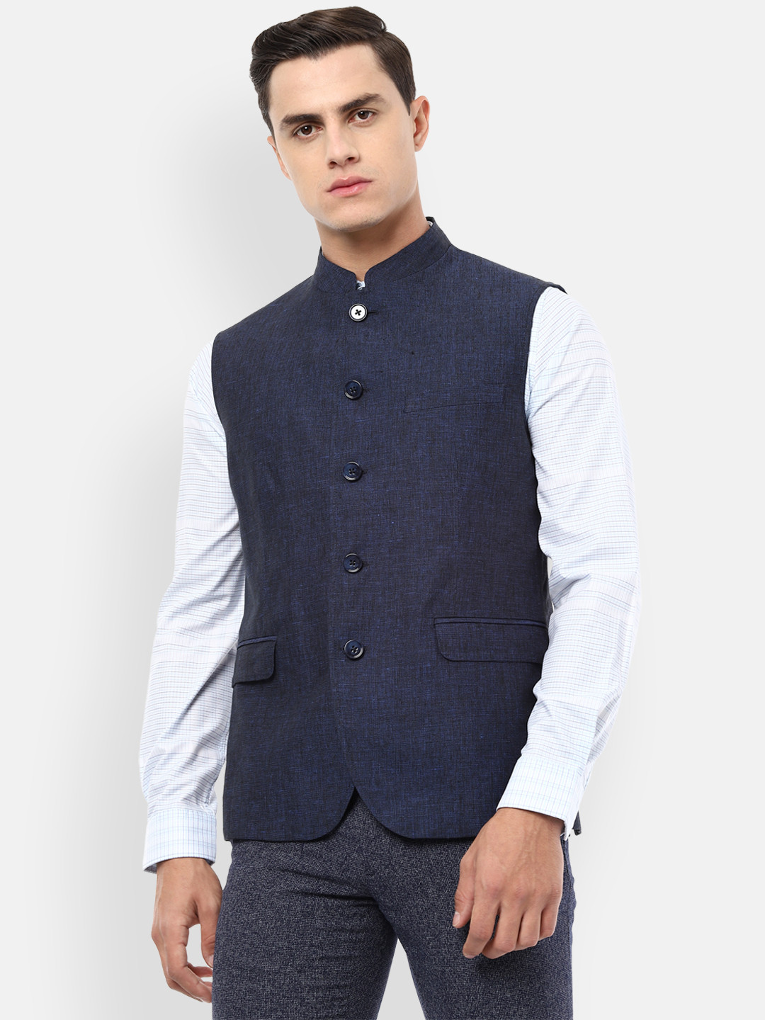 Buy Louis Philippe Navy Blue Solid Linen Nehru Jacket - Nehru Jackets ...
