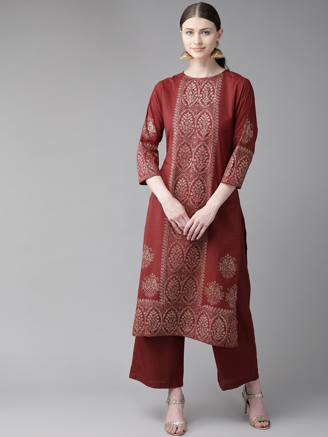 Buy Bhama Couture Women Maroon & Golden Block Print Kurta With Palazzos ...