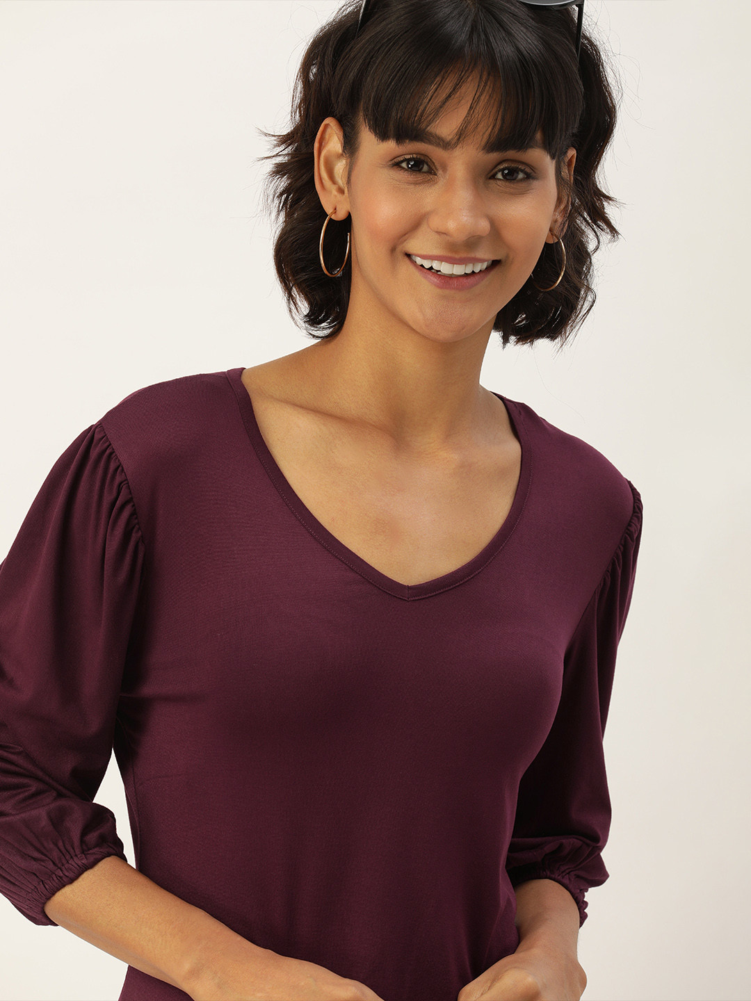 Buy DressBerry Women Purple Solid Fitted Top With Puff Sleeves - Tops ...