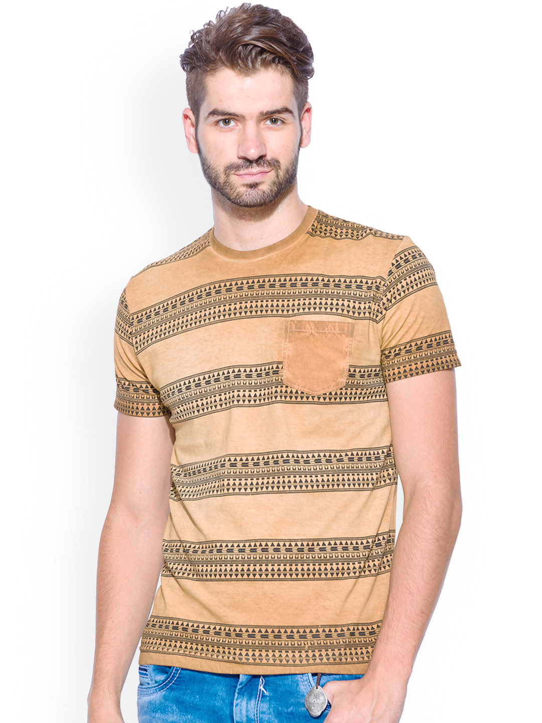 Buy Mufti Khaki Printed Slim Fit Pure Cotton T Shirt - Tshirts for Men ...