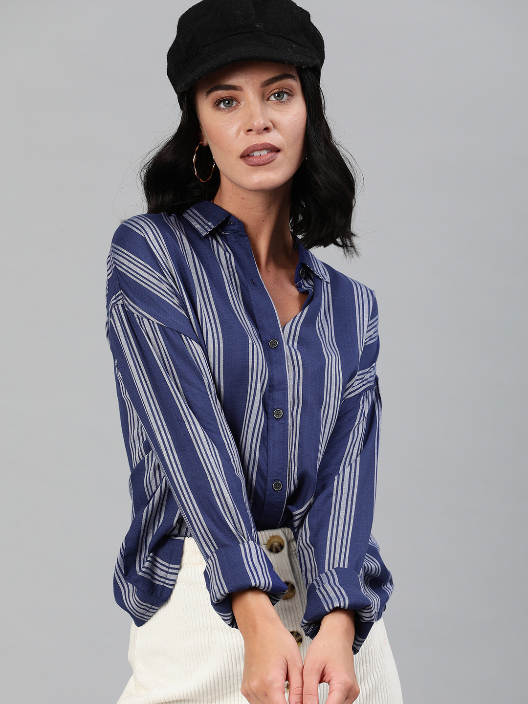 Buy HERE&NOW Women Navy Blue & White Regular Fit Striped Casual Shirt ...