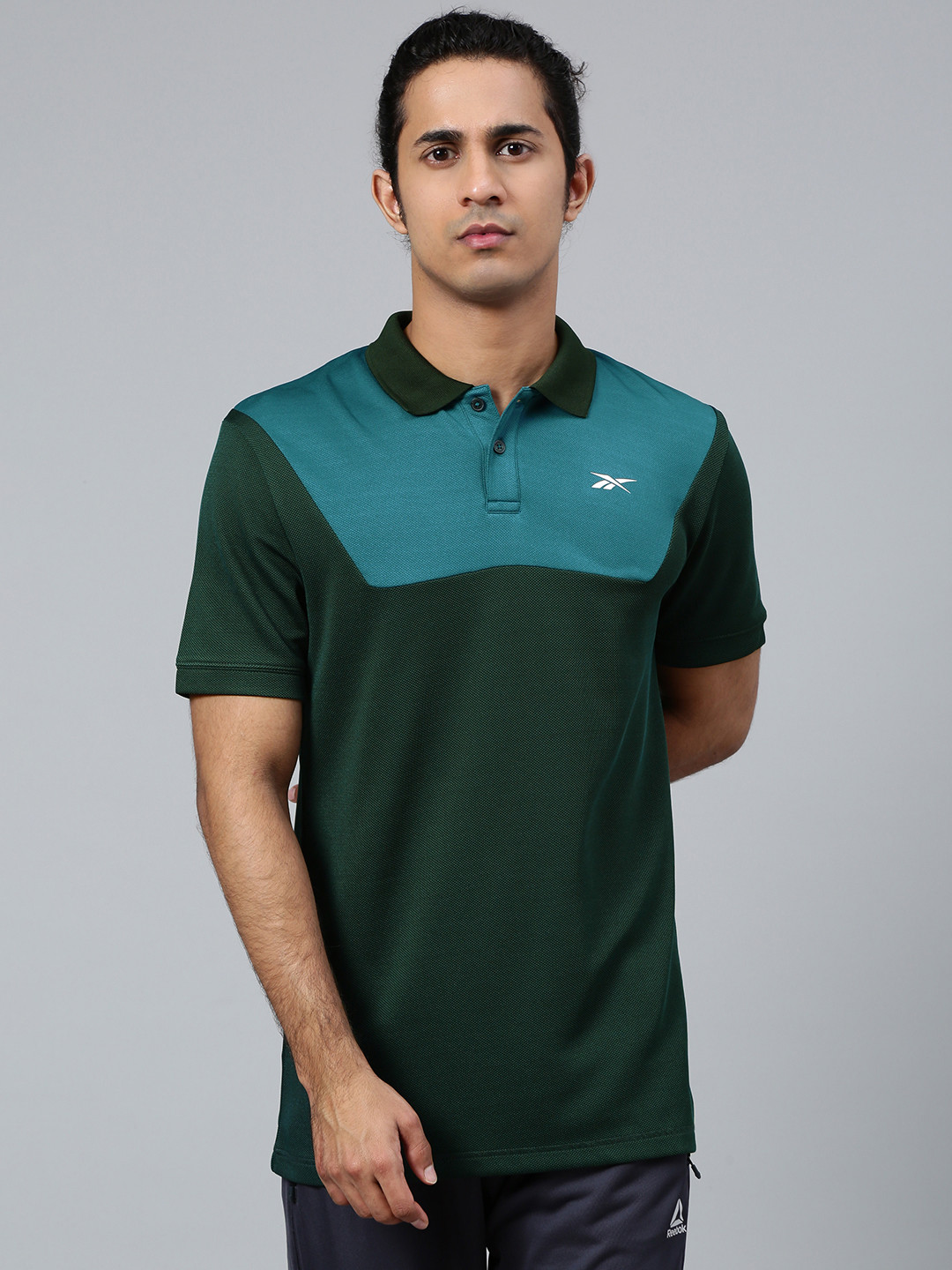 Buy Reebok Men Green & Blue Colourblocked Workout Poly Polo Collar ...