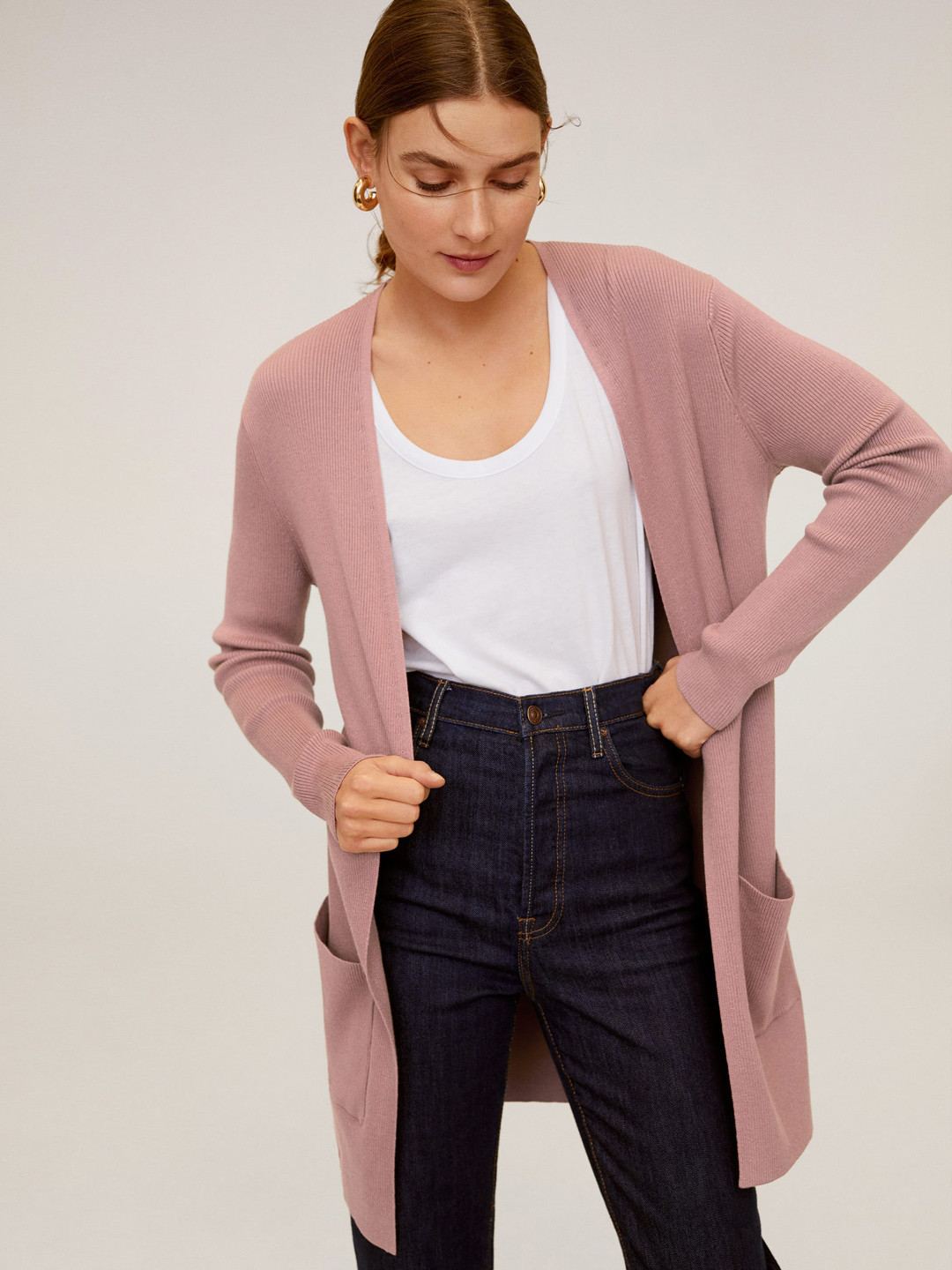Buy MANGO Women Dusty Pink Ribbed Front Open Cardigan - Sweaters for ...