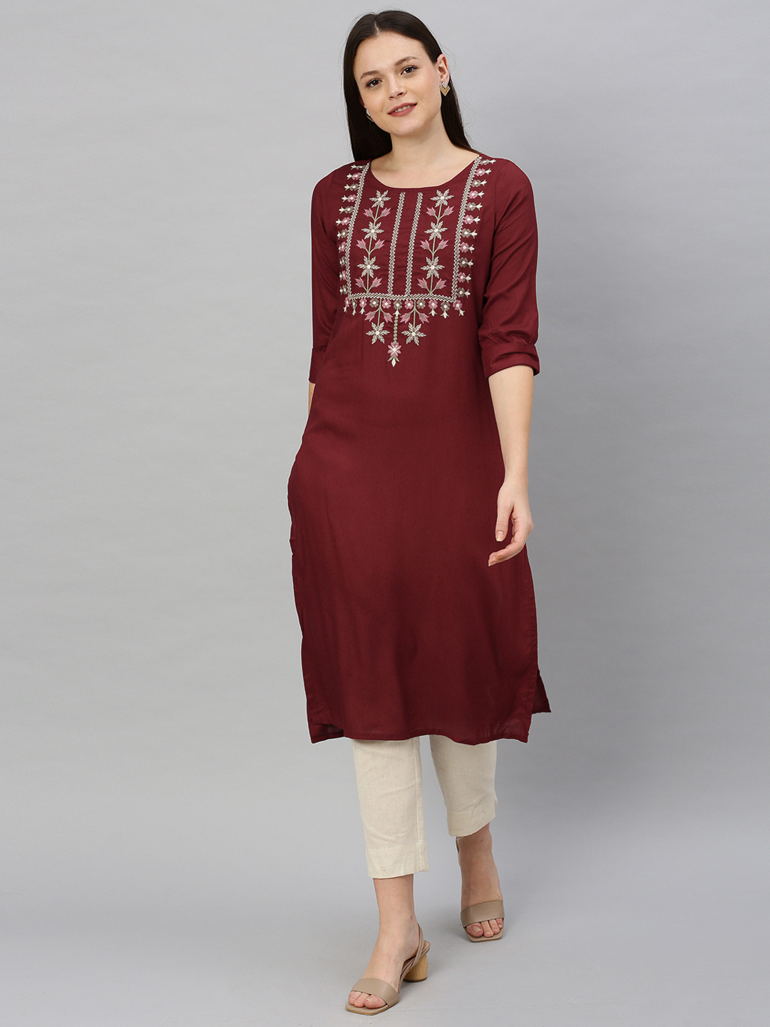 Buy Alena Women Maroon Embroidered Straight Kurta - Kurtas for Women ...