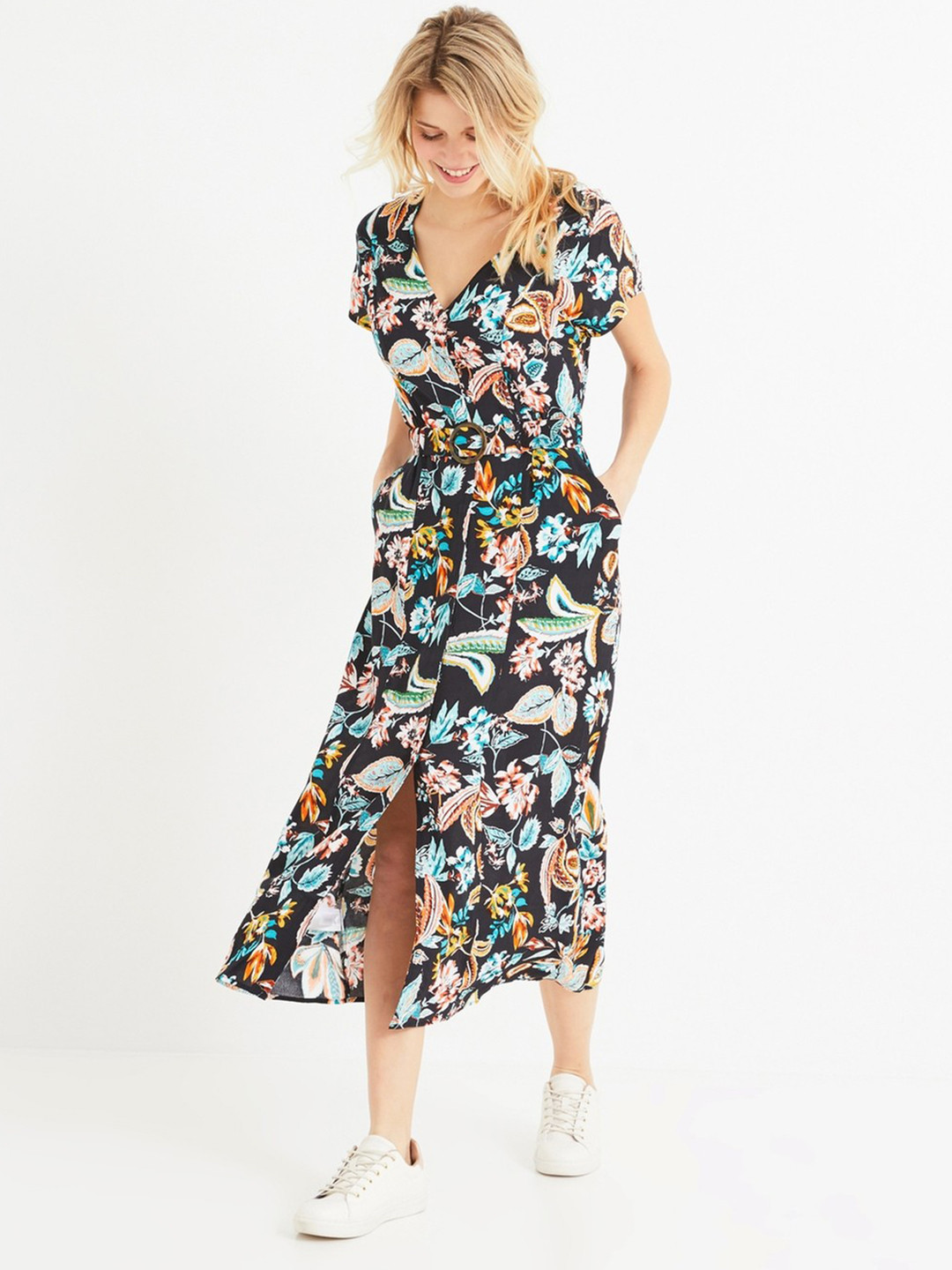 Buy Promod Women Black & Blue Tropical Print Wrap Dress - Dresses for ...