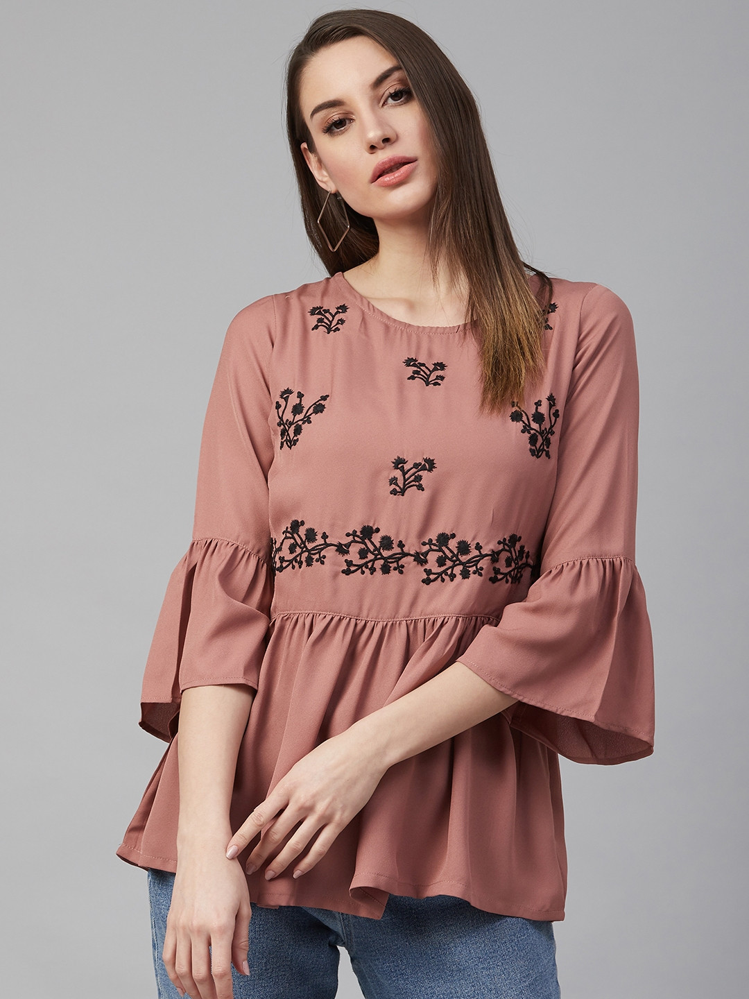 Buy PlusS Women Dusty Pink & Black Embroidered Top - Tops for Women ...