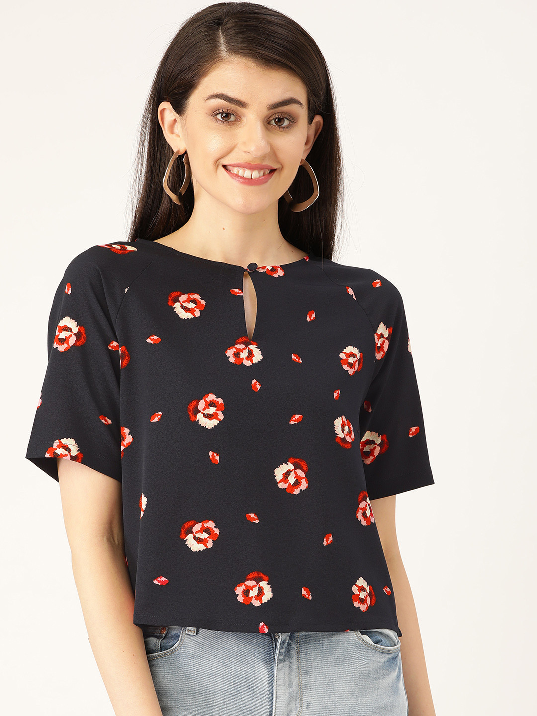 Buy Her By Invictus Women Black & Red Floral Printed Top - Tops for ...