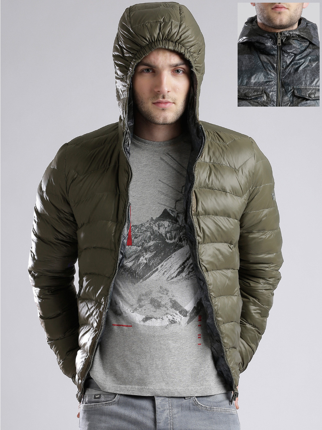 Buy GAS Olive Green Padded Reversible Hooded Slim Fit Down Jacket ...