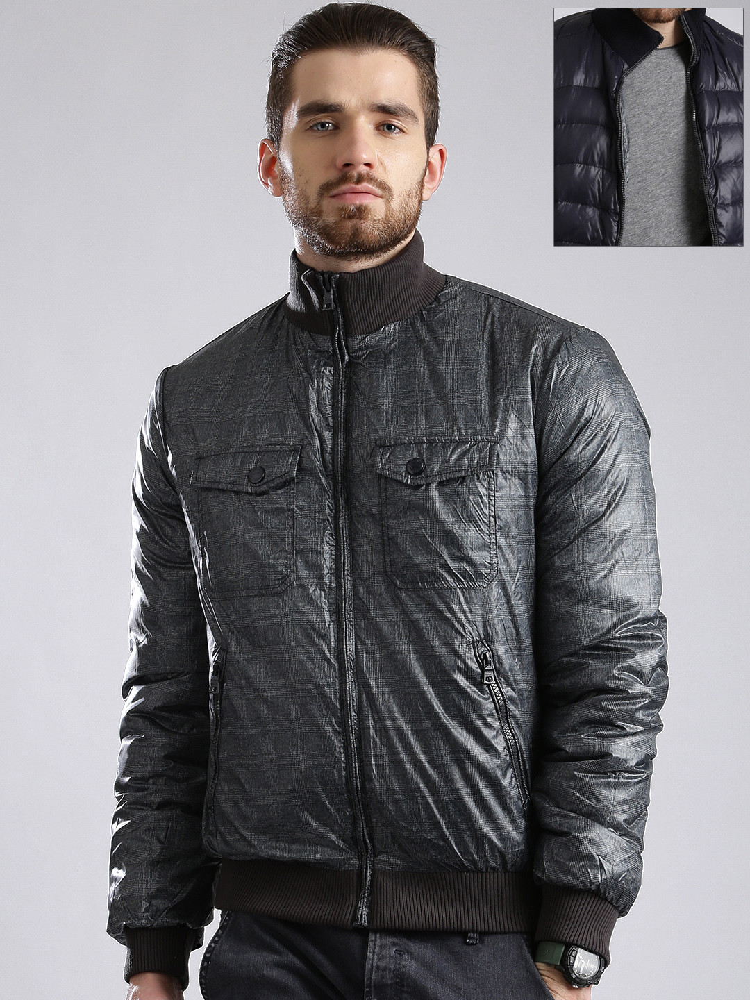 Buy GAS Grey & Navy Slim Printed Reversible Bomber Jacket - Jackets for ...