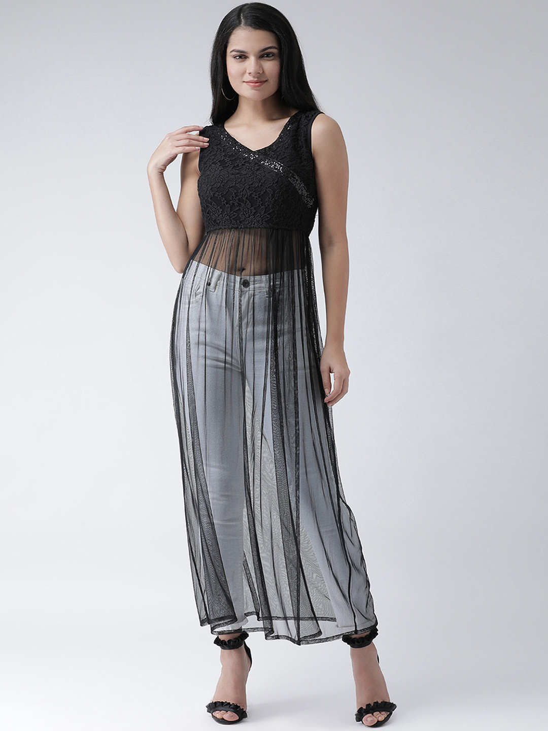 Buy Texco Women Black Self Design Sheer Maxi Top - Tops for Women ...