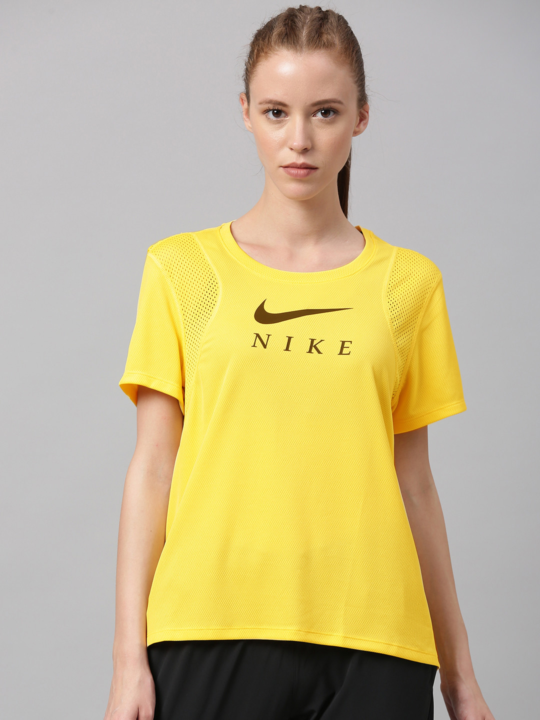 Buy Nike Women Yellow Printed Round Neck Dri FIT AS W SS GX Running T ...