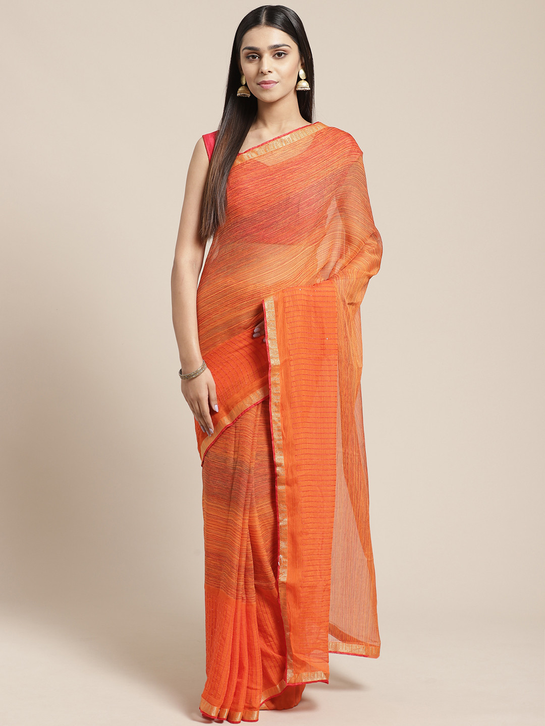 Buy Mitera Rust Orange Striped Saree - Sarees for Women 11753622 | Myntra